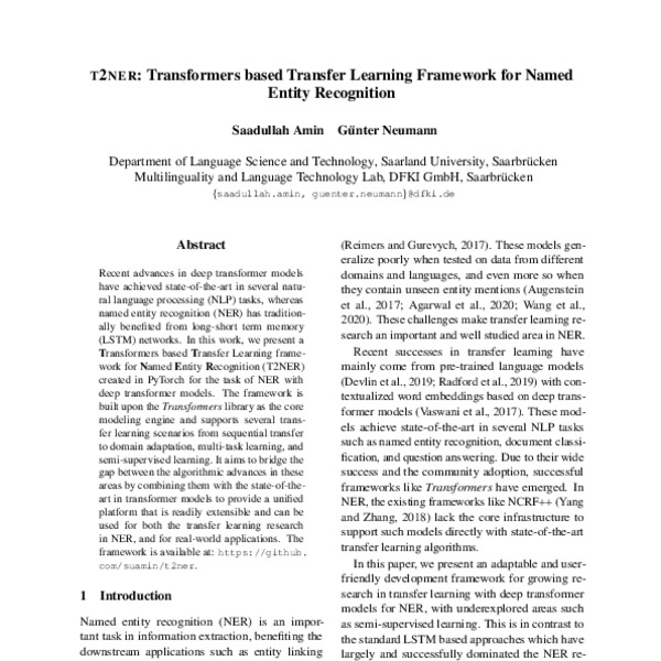 T2NER: Transformers based Transfer Learning Framework for Named Entity Recognition - ACL Anthology