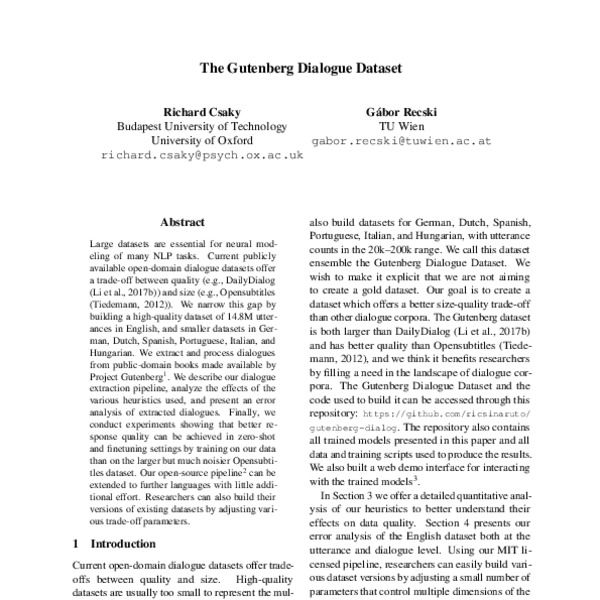 The Gutenberg Dialogue Dataset - ACL Anthology
