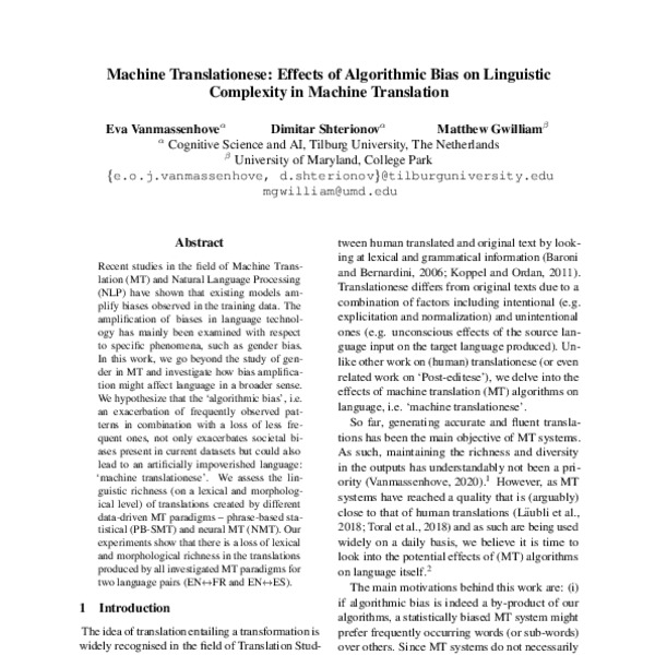 Machine Translationese: Effects of Algorithmic Bias on Linguistic ...