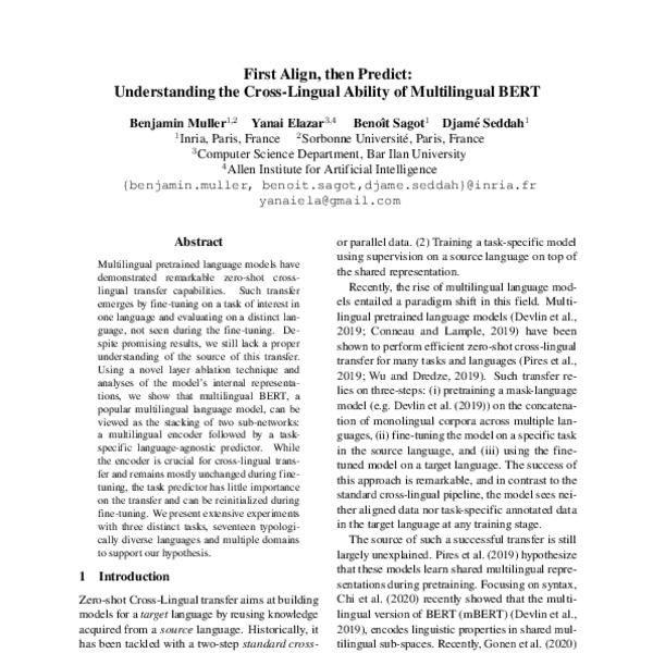 First Align, then Predict: Understanding the Cross-Lingual Ability of Multilingual BERT - ACL ...