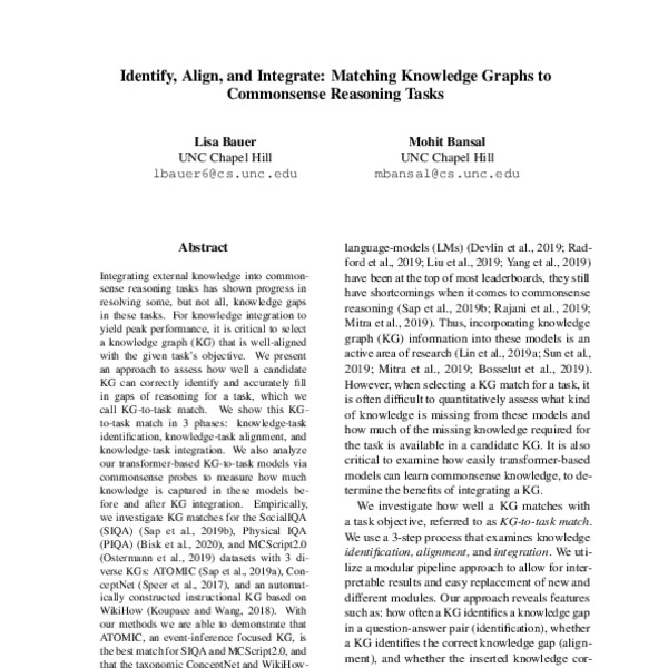 Identify Align And Integrate Matching Knowledge Graphs To Commonsense Reasoning Tasks Acl
