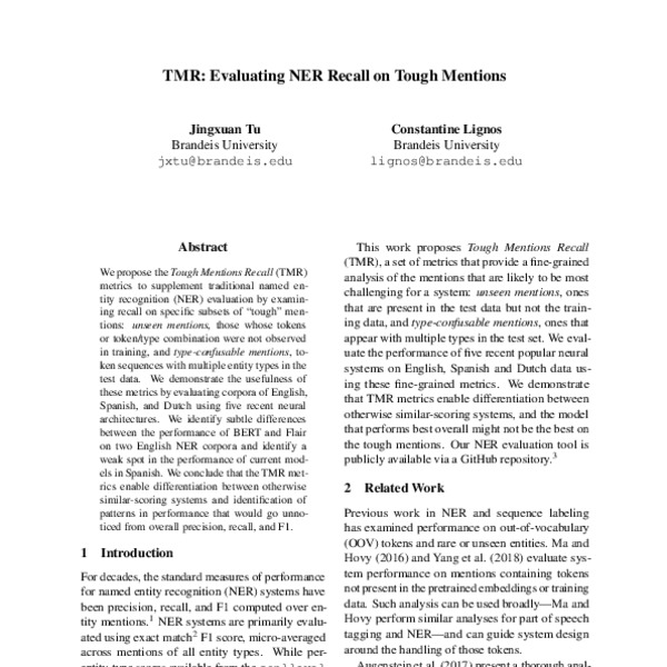 TMR: Evaluating NER Recall on Tough Mentions - ACL Anthology