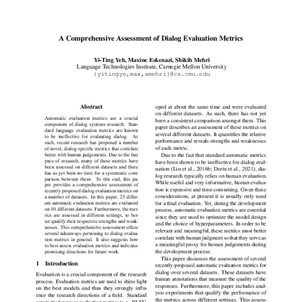 A Comprehensive Assessment of Dialog Evaluation Metrics - ACL Anthology