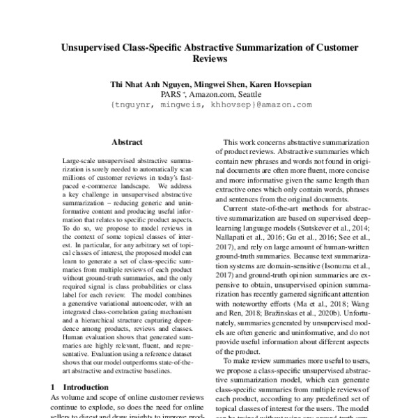 Unsupervised Class Specific Abstractive Summarization Of Customer Reviews Acl Anthology