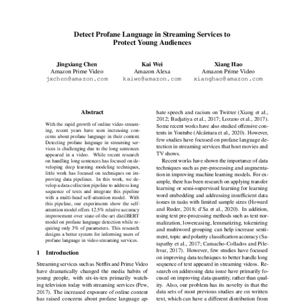 Detect Profane Language in Streaming Services to Protect Young ...