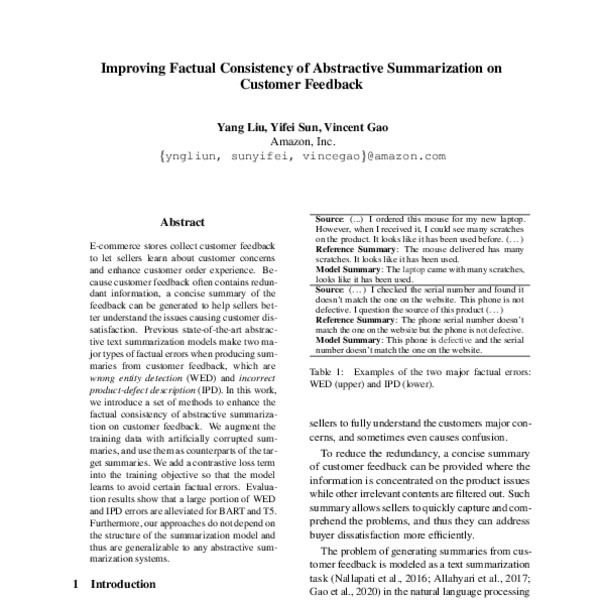 Improving Factual Consistency of Abstractive Summarization on Customer Feedback - ACL Anthology