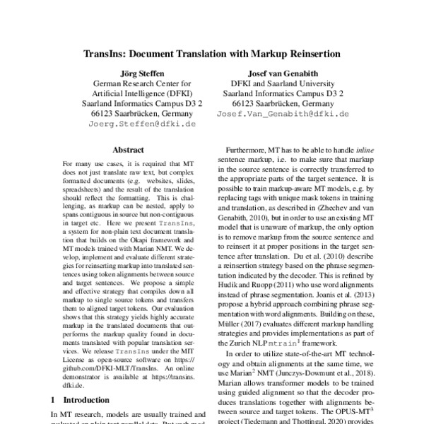 TransIns: Document Translation with Markup Reinsertion - ACL Anthology