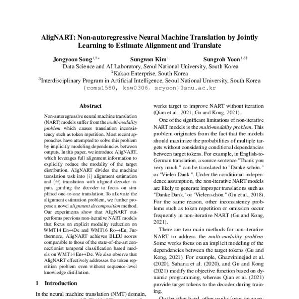 AligNART: Non-autoregressive Neural Machine Translation by Jointly Learning to Estimate ...