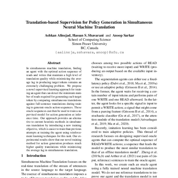 Translation-based Supervision for Policy Generation in Simultaneous Neural Machine Translation ...