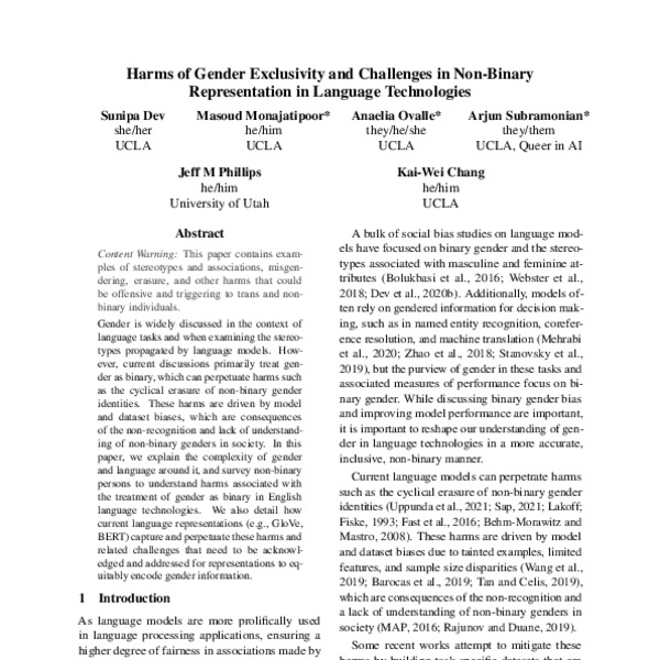 Harms of Gender Exclusivity and Challenges in Non-Binary Representation in Language Technologies ...