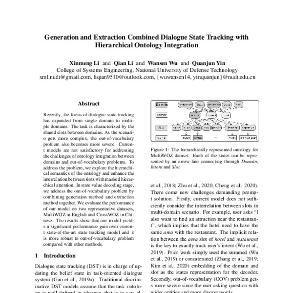 Generation and Extraction Combined Dialogue State Tracking with Hierarchical Ontology ...