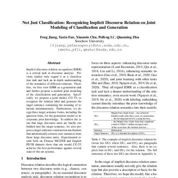 Not Just Classification: Recognizing Implicit Discourse Relation on Joint Modeling of ...