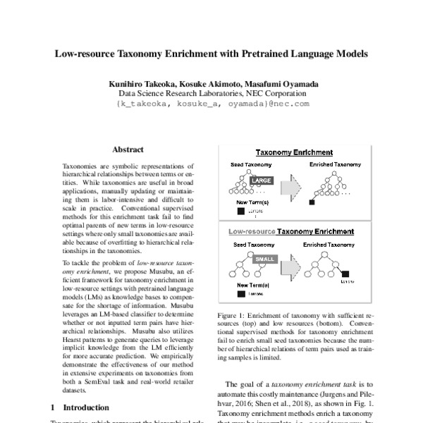 Low-resource Taxonomy Enrichment with Pretrained Language Models - ACL Anthology