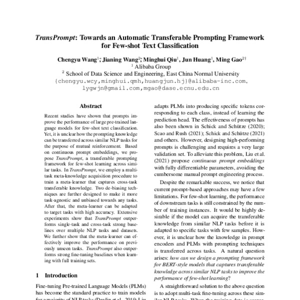 TransPrompt: Towards an Automatic Transferable Prompting Framework for Few-shot Text ...