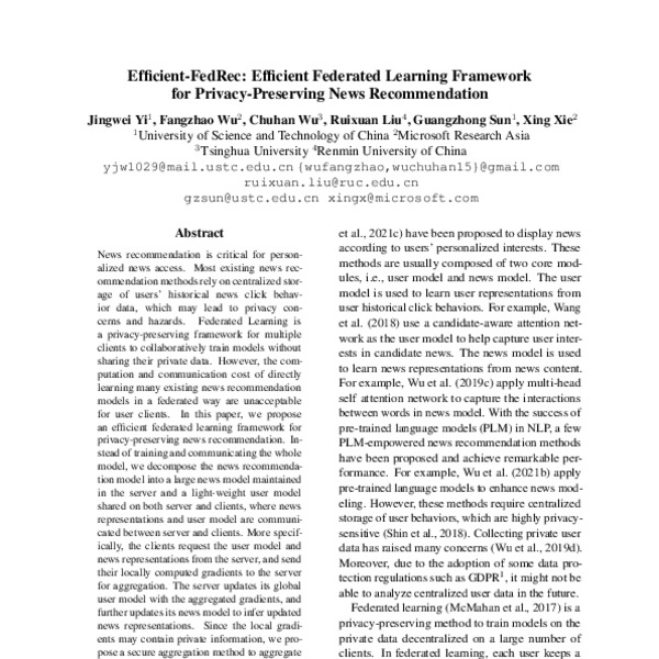 Efficient-FedRec: Efficient Federated Learning Framework for Privacy-Preserving News ...