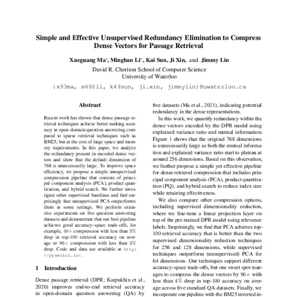 Simple and Effective Unsupervised Redundancy Elimination to Compress Dense Vectors for Passage ...