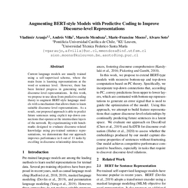 Augmenting BERT-style Models with Predictive Coding to Improve Discourse-level Representations ...