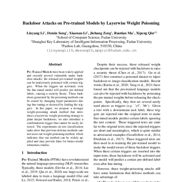 Backdoor Attacks on Pre-trained Models by Layerwise Weight Poisoning ...