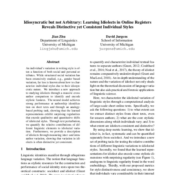 Idiosyncratic but not Arbitrary: Learning Idiolects in Online Registers ...