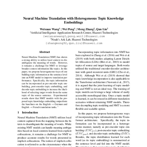 Neural Machine Translation with Heterogeneous Topic Knowledge Embeddings - ACL Anthology