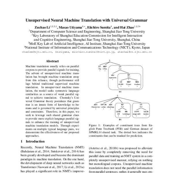Unsupervised Neural Machine Translation With Universal Grammar Acl Anthology