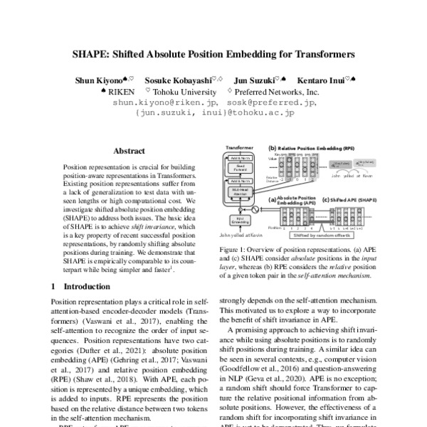 SHAPE: Shifted Absolute Position Embedding for Transformers - ACL Anthology