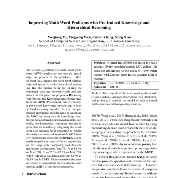 Improving Math Word Problems With Pre Trained Knowledge And Hierarchical Reasoning Acl Anthology