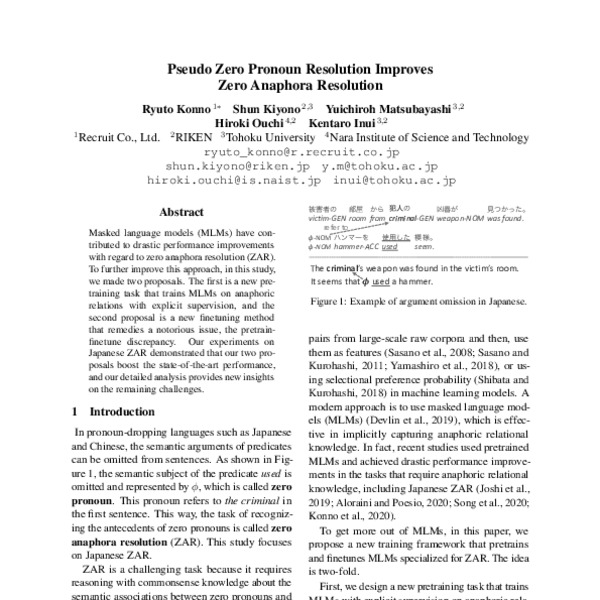 Pseudo Zero Pronoun Resolution Improves Zero Anaphora Resolution - ACL Anthology