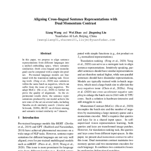 Aligning Cross-lingual Sentence Representations with Dual Momentum Contrast - ACL Anthology