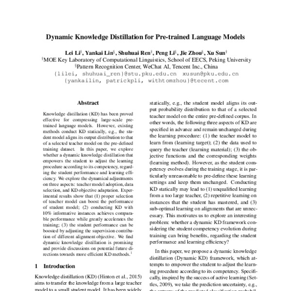 Dynamic Knowledge Distillation for Pre-trained Language Models - ACL Anthology