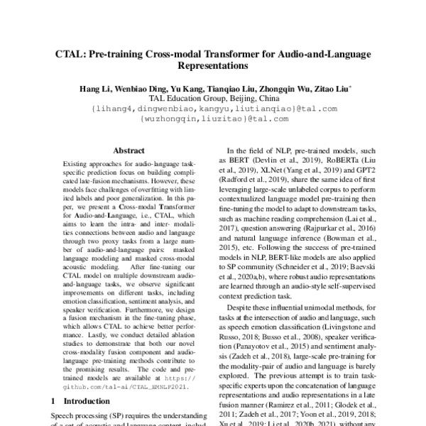 CTAL: Pre-training Cross-modal Transformer for Audio-and-Language ...