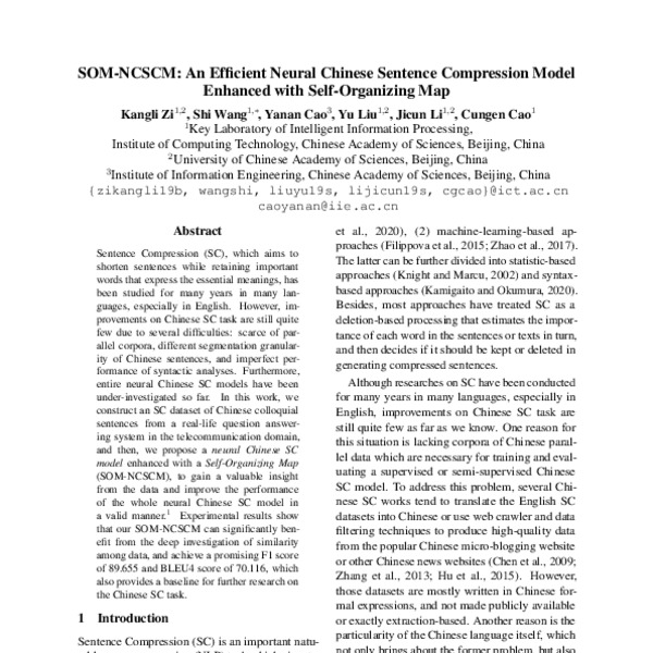 SOM-NCSCM : An Efficient Neural Chinese Sentence Compression Model Enhanced with Self-Organizing ...
