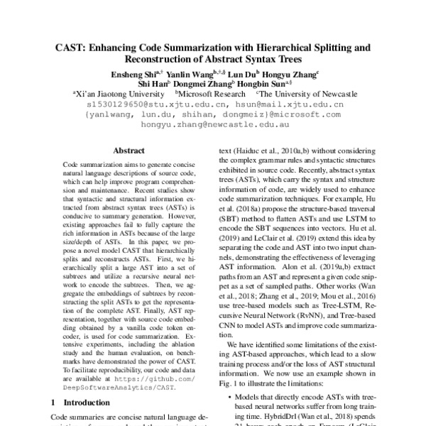CAST: Enhancing Code Summarization with Hierarchical Splitting and Reconstruction of Abstract ...