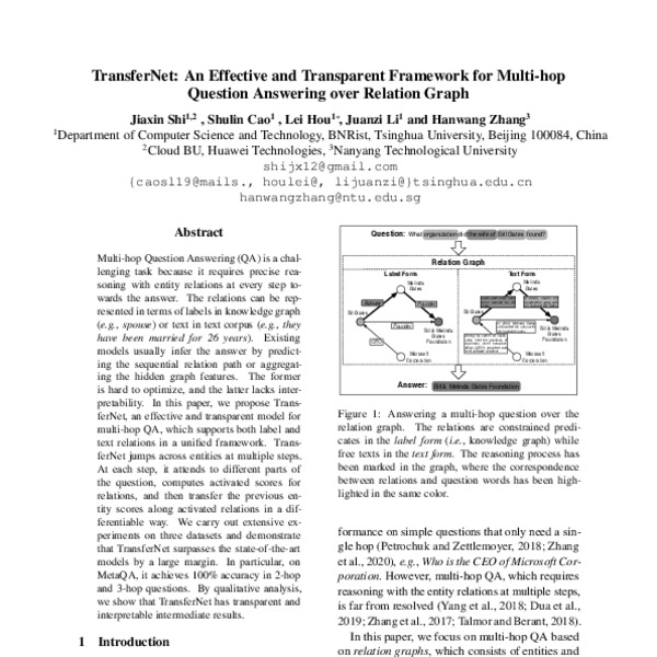TransferNet: An Effective and Transparent Framework for Multi-hop Question Answering over ...