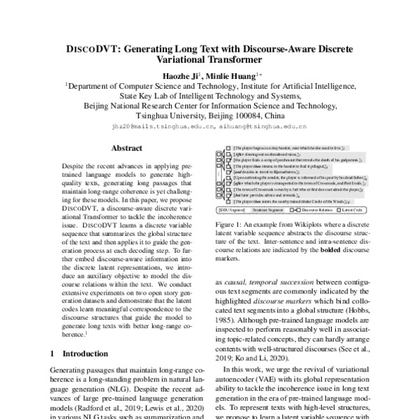 DiscoDVT: Generating Long Text with Discourse-Aware Discrete Variational Transformer - ACL Anthology