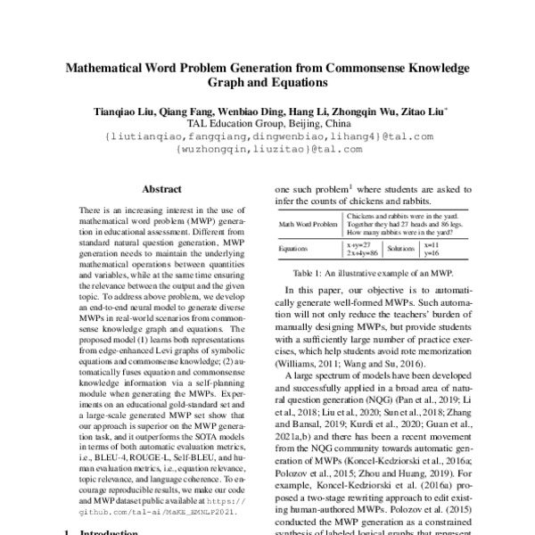 Mathematical Word Problem Generation From Commonsense Knowledge Graph And Equations Acl Anthology