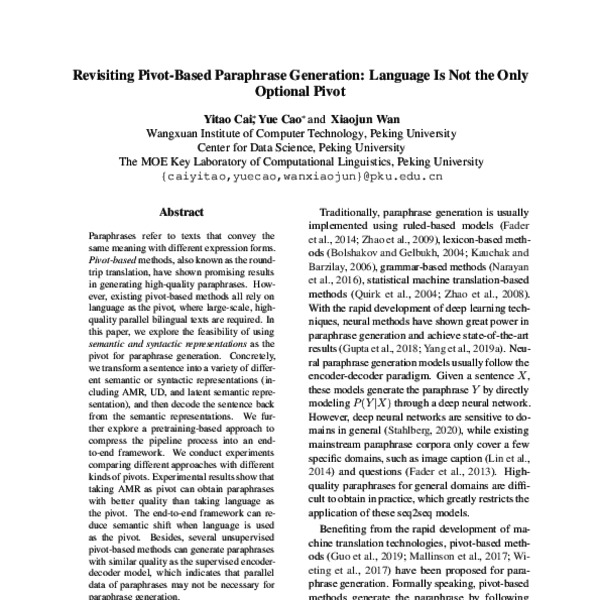 Revisiting Pivot-Based Paraphrase Generation: Language Is Not the Only Optional Pivot - ACL ...