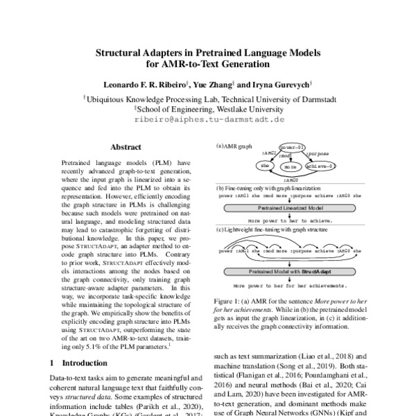 Structural Adapters In Pretrained Language Models For Amr To Text Generation Acl Anthology