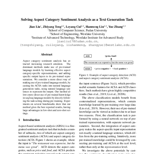 Solving Aspect Category Sentiment Analysis as a Text Generation Task - ACL Anthology