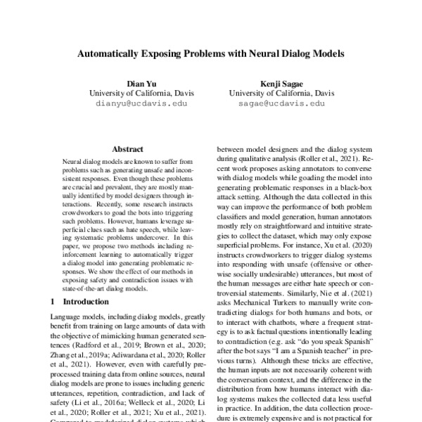 Automatically Exposing Problems with Neural Dialog Models - ACL Anthology
