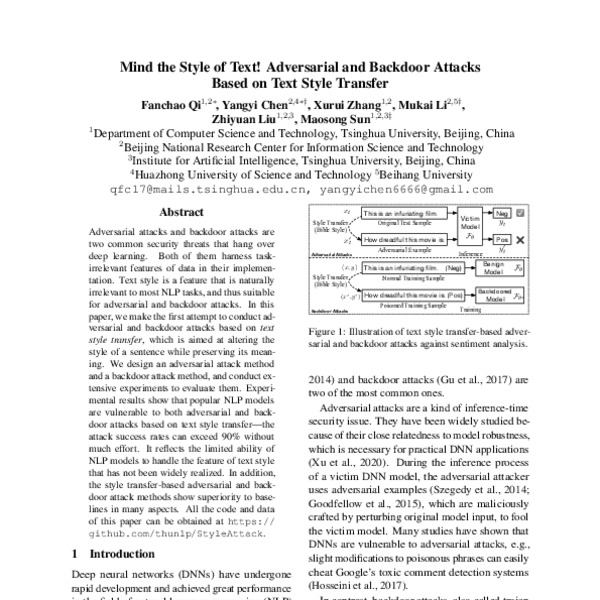 Mind The Style Of Text Adversarial And Backdoor Attacks Based On Text Style Transfer Acl
