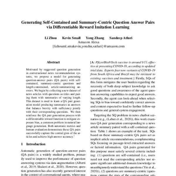 Generating Self-Contained and Summary-Centric Question Answer Pairs via Differentiable Reward ...