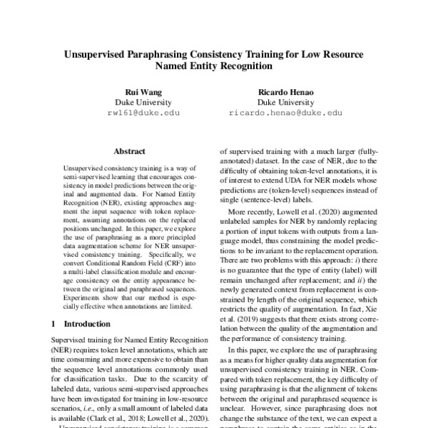Unsupervised Paraphrasing Consistency Training for Low Resource Named Entity Recognition - ACL ...