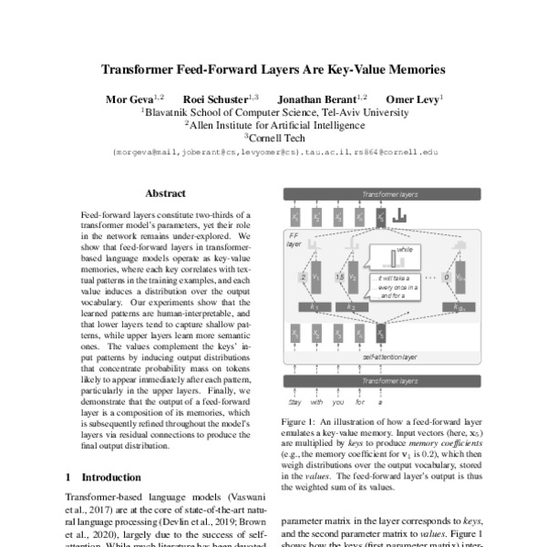 Transformer Feed-Forward Layers Are Key-Value Memories - ACL Anthology