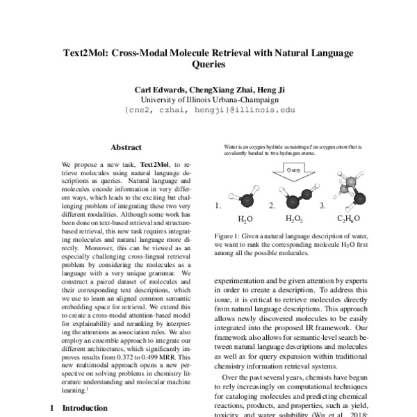 Text2Mol: Cross-Modal Molecule Retrieval with Natural Language Queries - ACL Anthology