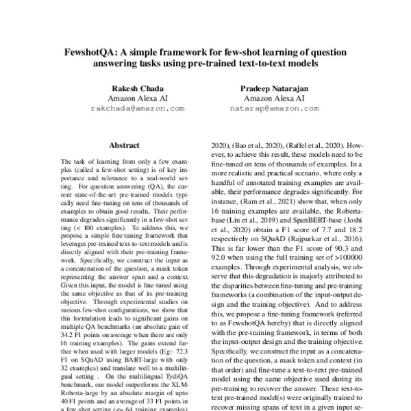 FewshotQA: A simple framework for few-shot learning of question answering tasks using pre ...
