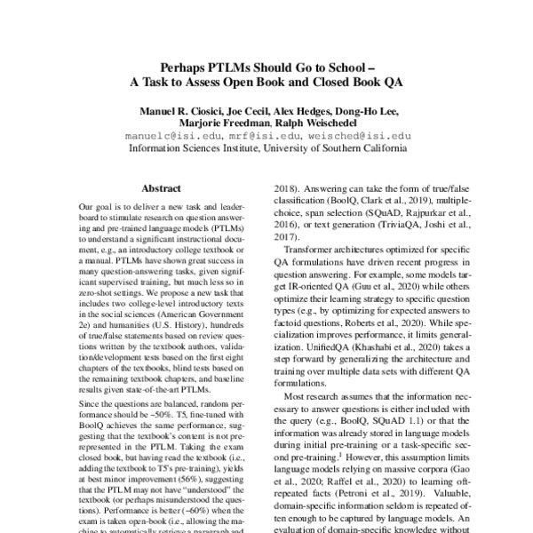 Perhaps PTLMs Should Go to School – A Task to Assess Open Book and ...