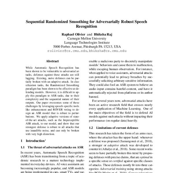 Sequential Randomized Smoothing For Adversarially Robust Speech Recognition Acl Anthology