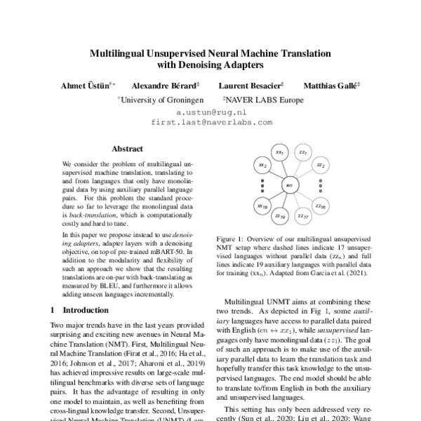 Multilingual Unsupervised Neural Machine Translation with Denoising Adapters - ACL Anthology
