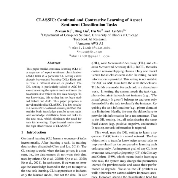CLASSIC: Continual and Contrastive Learning of Aspect Sentiment Classification Tasks - ACL Anthology